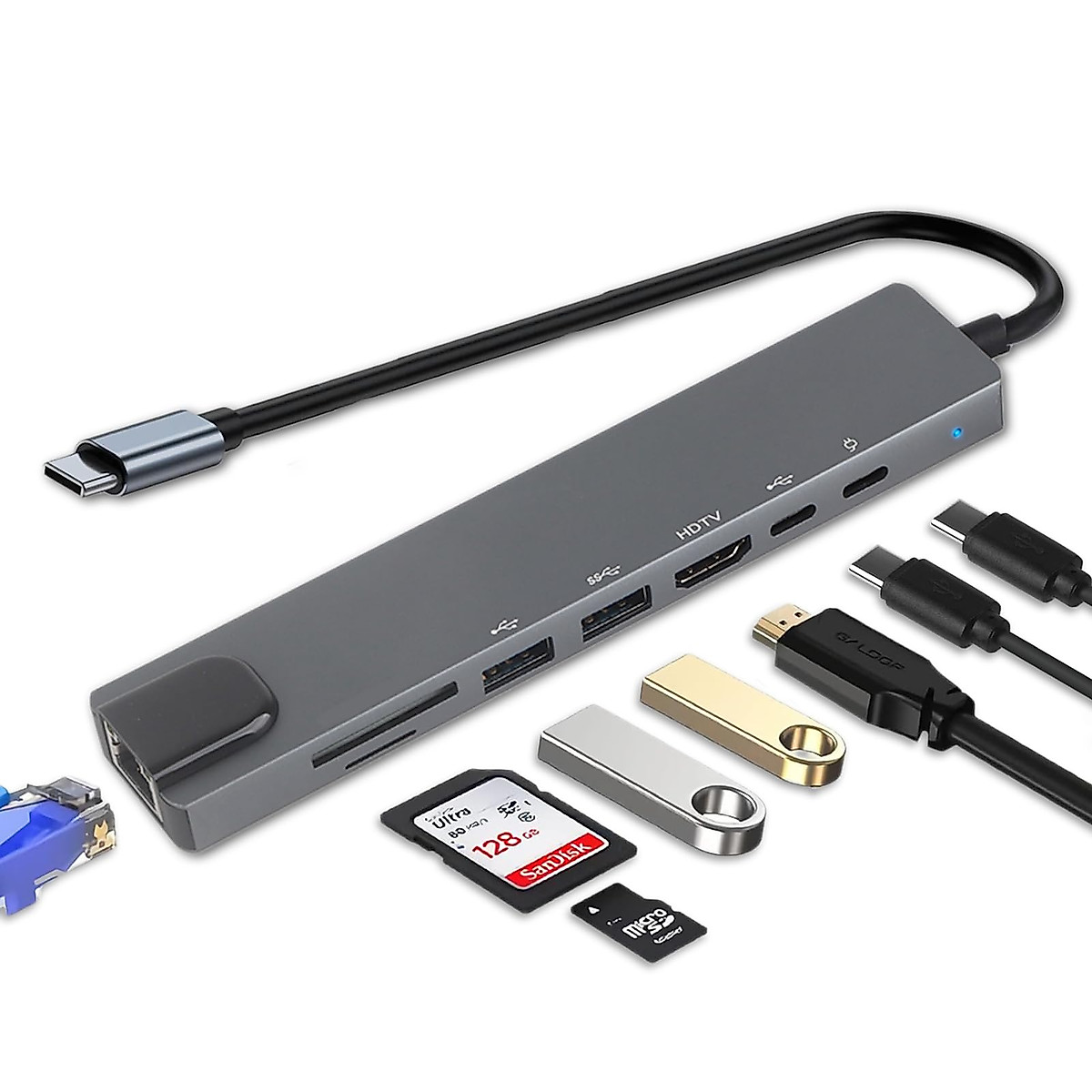 USB C Hub, 8 in 1 Laptop Docking Station, Aluminum USB C Multiport Adapter with , USB3.0, RJ45, USB C Female Port, USB C Male Port, TF Card Reader