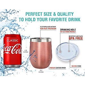 CHILLOUT LIFE Stainless Steel Wine Tumblers 4 Pack 12 oz - Double Wall Vacuum Insulated Wine Cups with Lids and Straws Set for Coffee, Wine, Cocktails - Rose Gold