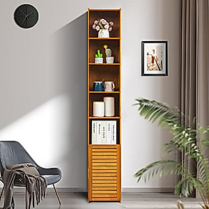 MoNiBloom Tall 7 Tier Bookcase with Door, Bamboo Freestanding Display Storage Cabinet Shelves Collection Decor Furniture for Home Living Room Bedroom, Brown