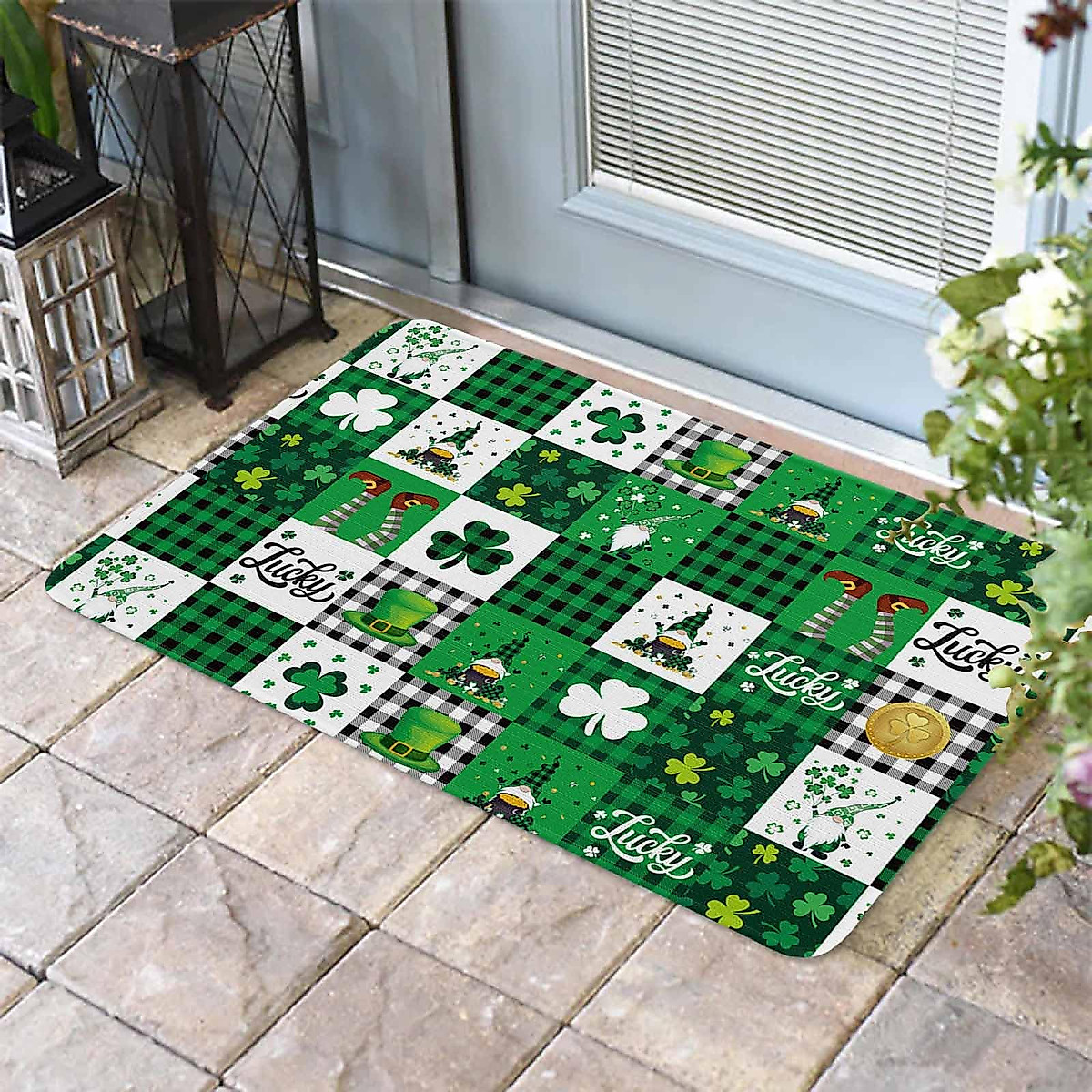 St Patrick's Day Doormat Rugs Outdoor/Indoor Lucky Shamrock Clover Gnomes Non-Slip Entrance Welcome Mat for Front Door/Kitchen/Bath/Bedroom/Patio/Entryway,16"x24", Green Buffalo Gingham Plaid