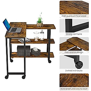 IDEALHOUSE 360° Rotatable Sofa Side Table Mobile End Table with 2-Tier Storage Shelves, Movable Laptop Table with Sturdy Metal Frame /6 Universal Casters, Couch Snack Table for Home (Rustic Brown)