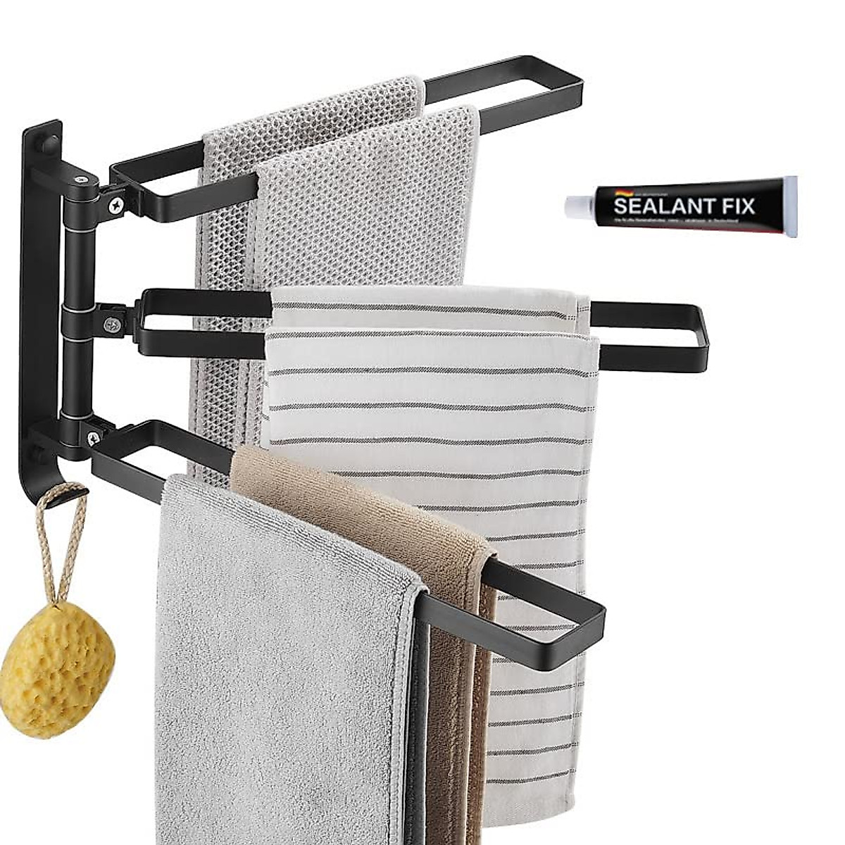 Kindream Swivel Towel Rack Bathroom 13inch Hand Towel Bar Bathroom Swing Hanger Towel Rack Holder Matte Black Finish, Wall Mounted, 3-Arm