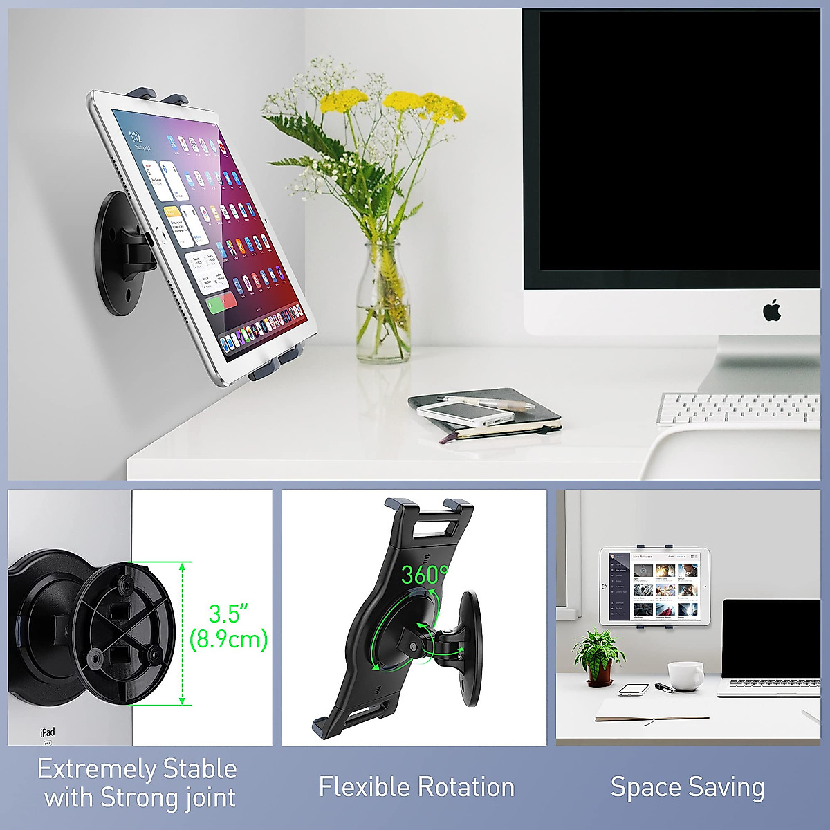 AboveTEK iPad Wall Mount, Swivel 360° Rotating Tablet Holder Two Brackets to Fit 6-13" Tablets, Horizontal/Vertical Tilt iPad Arm for Flexible Viewing Angles in Kitchen Showroom Retail Store (Black)