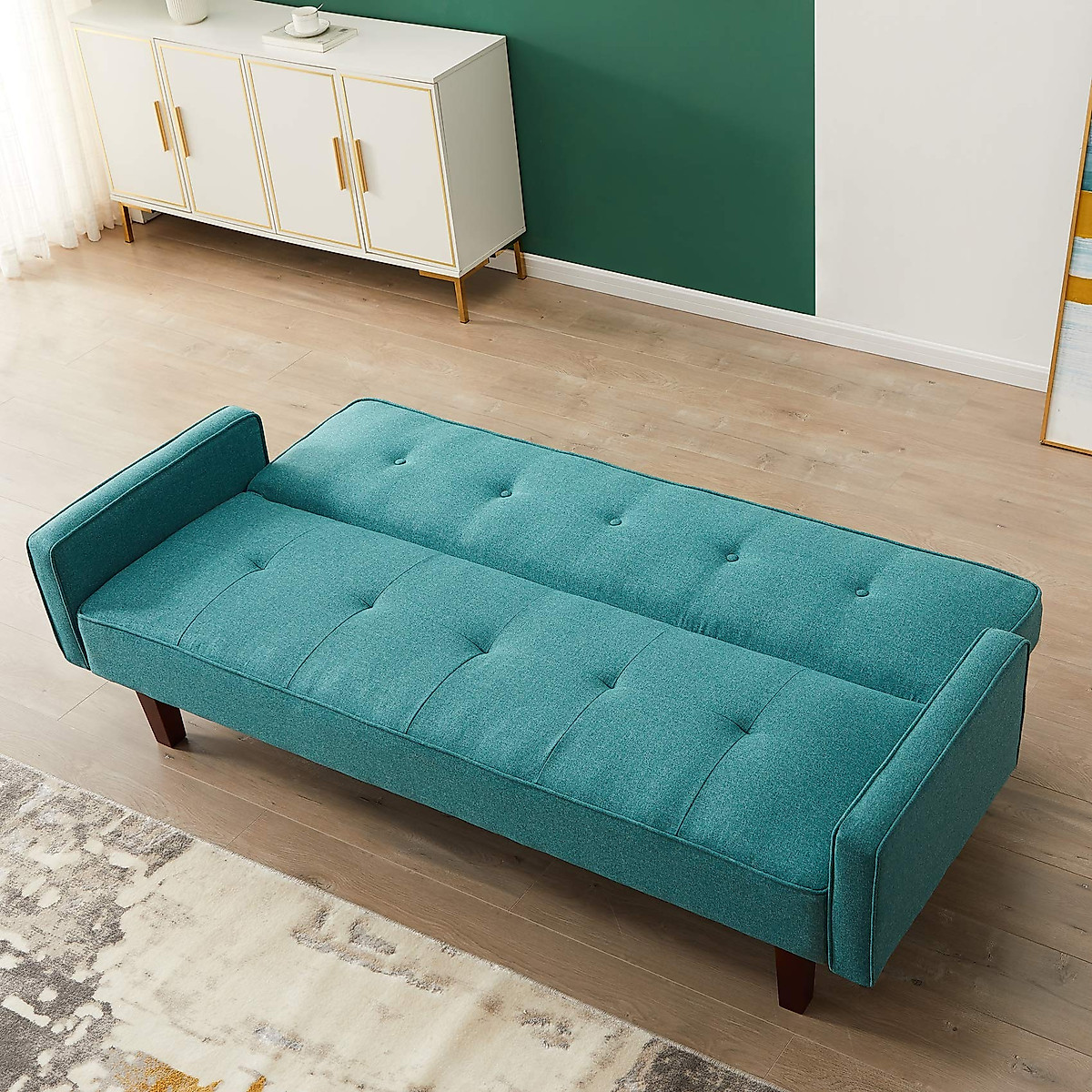 Olela Sofa Bed Convertible Sofa Couch Futon Sleeper Linen Fabric Reclining Sofa with Armrest Wood Legs for Living Room Furniture (Green)
