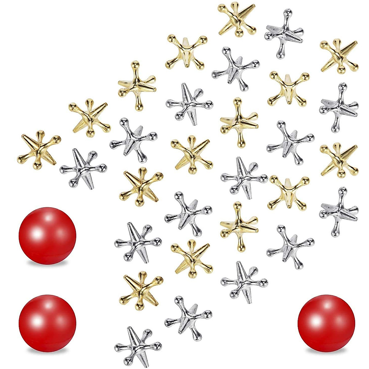 Legigo 3 Sets Retro Metal Jacks and Ball Game Toys Kit,Include 3 Pieces Red Rubber Balls and 30 Pieces Gold and Silver Metal Jacks for Kids and Adults,Classic Game of Jacks for Party Favor