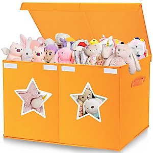 Large Toy Box Chest,Collapsible Sturdy Storage Bins with Lids,Large Kids Toy Storage Organizer Boxes Baskets for Kids,Boys,Girls,Toddler,Nursery Room,Playroom(Orange Star)