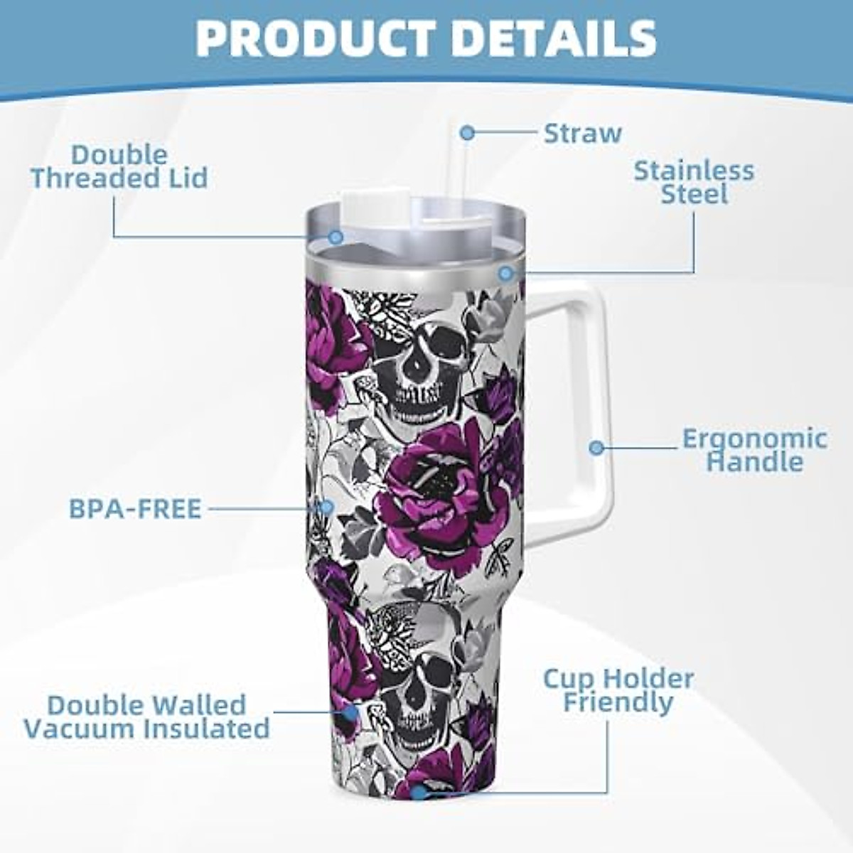 ZHSGNMHH Floral Skull 40oz Tumbler With Handle And Straw Stainless Steel Hot/Cold Travel Coffee Cup With Lid