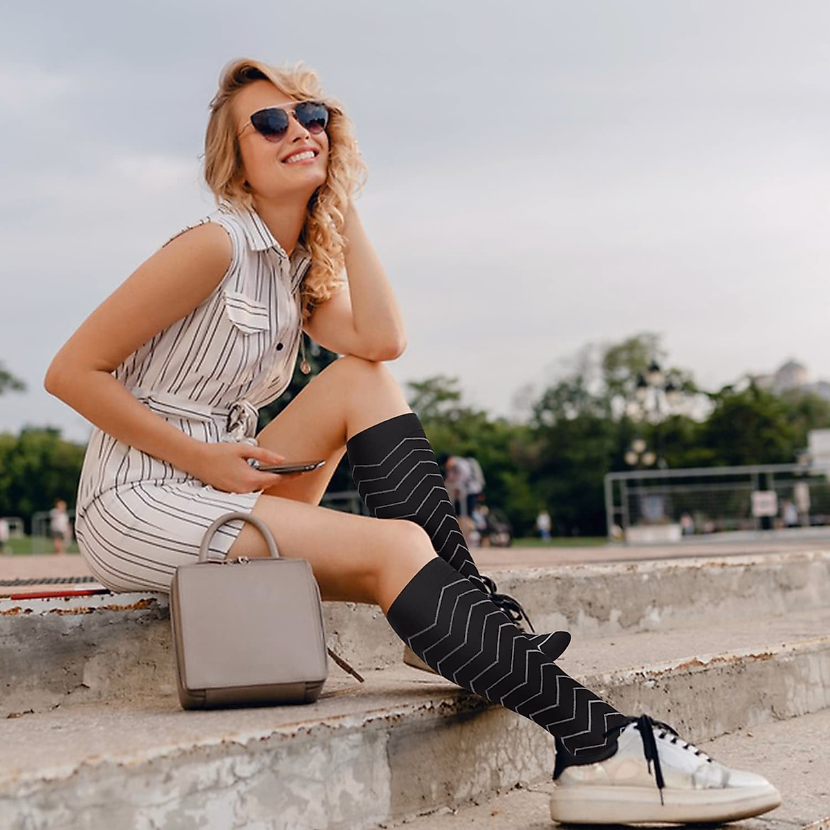 Compression Socks for Women & Men 20-30mmgh Knee High Socks for Running Nurse Travel 4-Pairs Striped Polka Dot