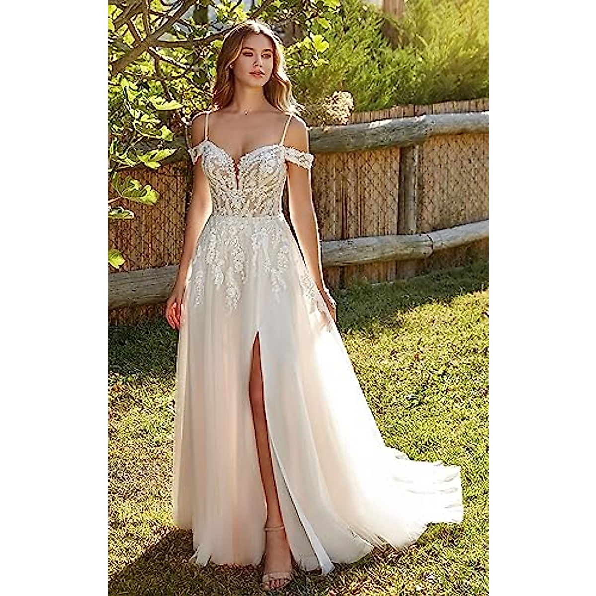 SEIM Plus Size Womens Lace Applique Bodice 2023 Wedding Dress with Slit White Long Empire Waist Off Shoulder Beach Wedding Dress with Slit for Bride 16W