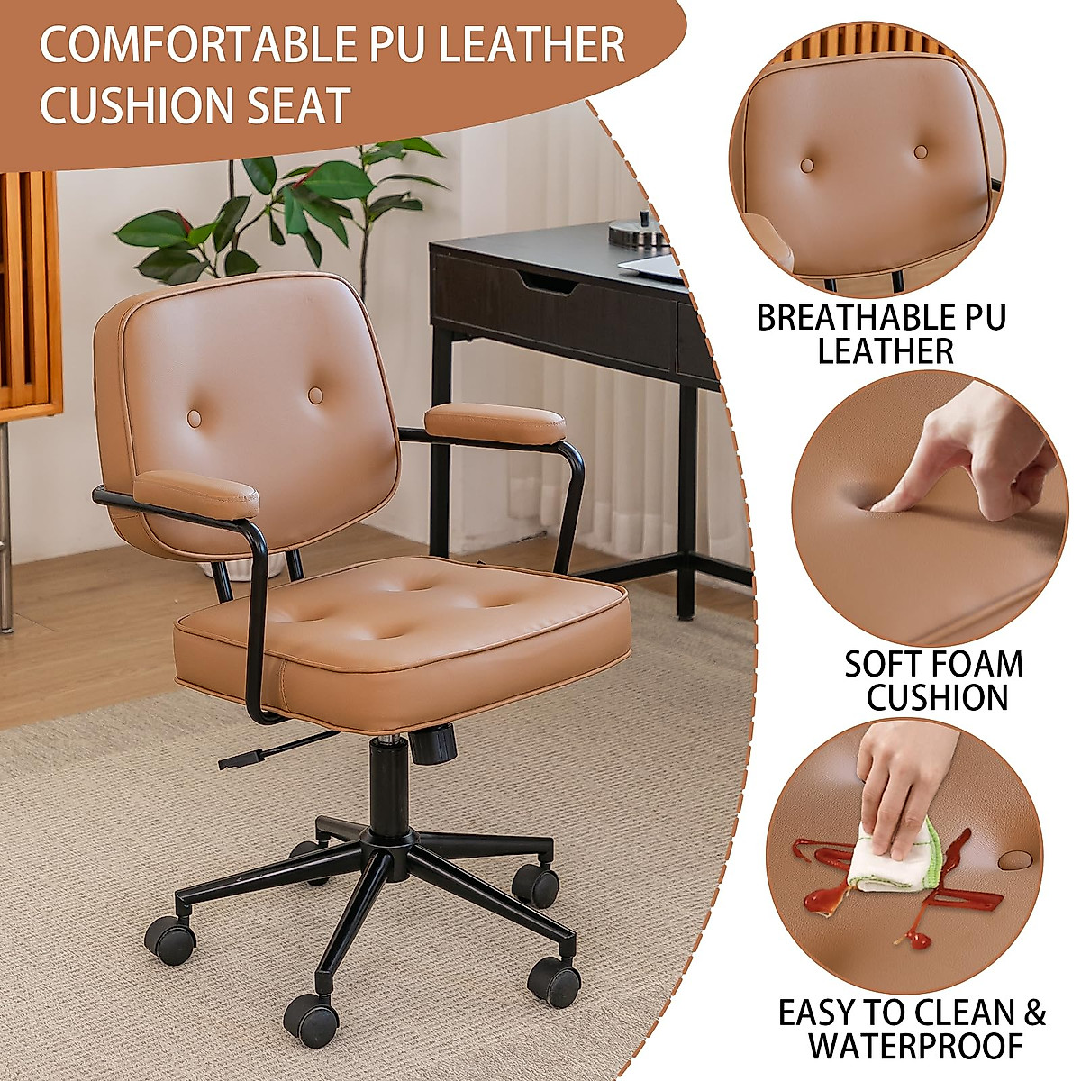 NTailed FOX Mid Century Office Chair, Swivel Desk Chair with Wheels and Arms, Height Adjustable Rolling Chair, Small Leather Office Chair for Adults (Brown)