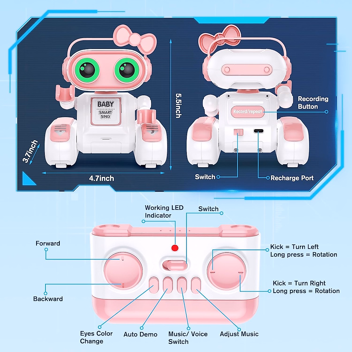 Robot Toy, Robot Toy for Kids, Remote Control Robot with Colorful LED Eyes & Music, Rechargeable RC Robots for Kids, Smart Talk Robot Toy for Children 3, 4, 5, 6, 7, 8 Years Boys & Girls Birthday Gift