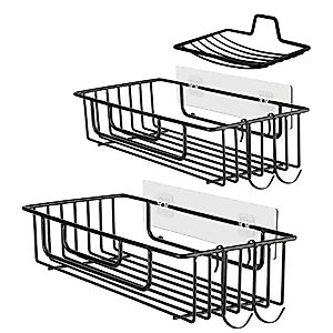 Htworg CR Shower Caddy Basket Shelf, 3-Pack No Drilling Adhesive Shower Organizer and Soap Holder for Inside Bathroom & Kitchen Storage, Black Rustproof Shower Shelves with Removable Hooks