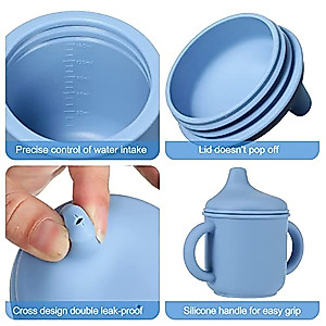 Potchen 2 Pieces Silicone Sippy Cup Training for Baby 6 months+ Soft with Straw Spill Proof Cups Toddlers Handles and Spout Lid Easy Grip 5oz (Blue, Green, Cute Style), (Pack of 1)