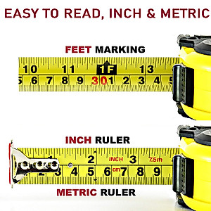 Zabiki Measuring Tape Measure, 25 Ft Easy to Read Decimal Retractable Dual Side Ruler with Metric and Inches, for Surveyors, Engineers and Electricians, with Magnetic Tip and Rubber Protective Casing