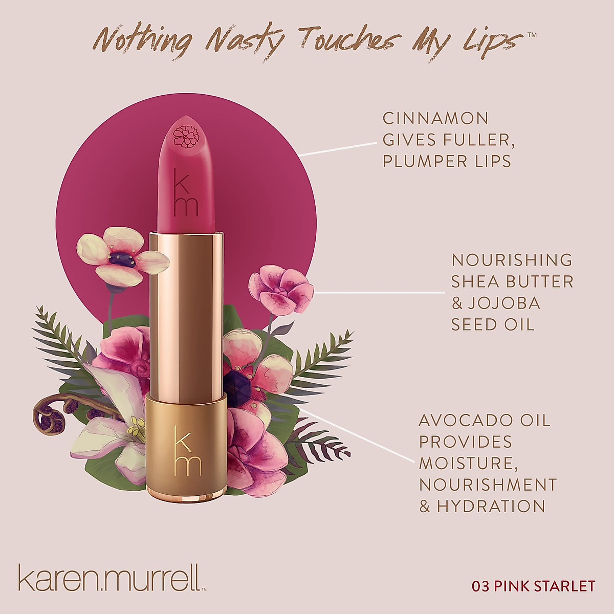 Karen Murrell Natural Lipstick - #03 Pink Starlet - Cream Finish, Pink Color - Moisturizes & Hydrates Lips - Paraben & Cruelty Free