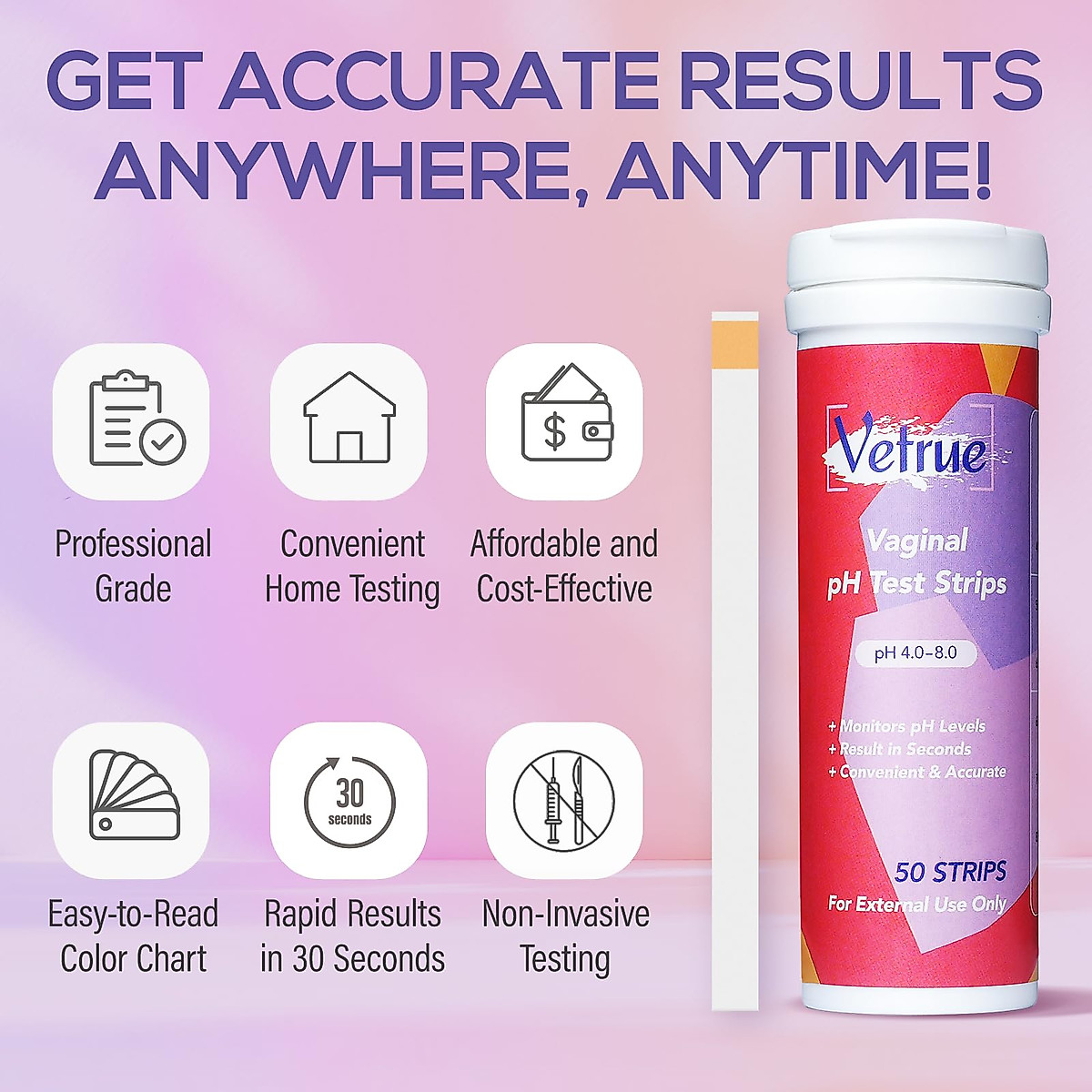 Vaginal pH Test Strips for Women, Convenient Testing Solution for Assessing and Maintaining Optimum Feminine Acidity and Alkalinity Balance, Quick Results & Easy-to-Use Home Monitoring (50pcs)