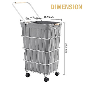 TOOLF Rolling Laundry Hamper, Large Laundry Basket with Handle, Metal Frame Clothes Hamper for Bedrooms, Tall Laundry Bin with Cloth Covers, Grey