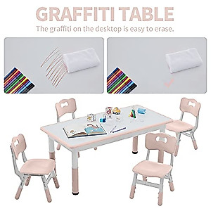DOREROOM Toddler Table and Chairs Set for 4, 49''L x 25''W Kids Study Table and Chair Set, Height-Adjustable, Graffiti Desktop, Children Activity Table for Daycare, Classroom, Home, Pink