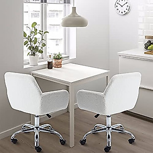 Home Office Desk Chair Height Adjustable - Faux Fur Desk Chair Wheels Swivel Rolling Office Chair, Modern Cute Computer Task Chair, Accent Chair Fluffy Desk Chair White Vanity Chair for Women, Girls