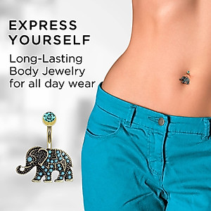 Pierce2GO Tribal Gold Elephant Belly Button Ring - 316L Surgical Grade Stainless-Steel Belly Button Rings Studded with Faux Blue Pearls - Belly Piercings Navel Ring for Women