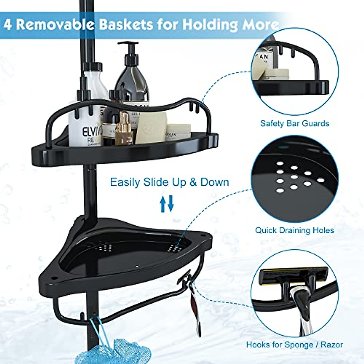 Shower Caddy Corner, 56 to 125 Inch Adjustable Tension Pole Corner Shower Caddy with 4 ABS Baskets,Rustproof Stainless Pole, Drill Free Shower Rack, Large Shower Storage Shelf for Inside Shower