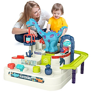 Large Car Toy Kids Race Track Toys for Boy, Dinosaur Adventure Car Race Track Toys Playsets for 3 4 5 6 Year Old Boys Girls, Preschool Educational Car Games Gift Toys (Blue Dinosaur Car)