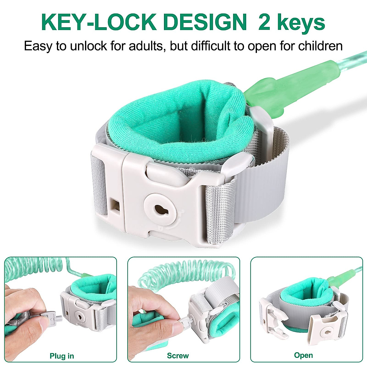 Anti Lost Wrist Link with Key Unlock 2 Pack (4.92ft Green+8.2ft Orange) Toddler Wrist Leash for Kids Child Safety Harness with Reflective Strip