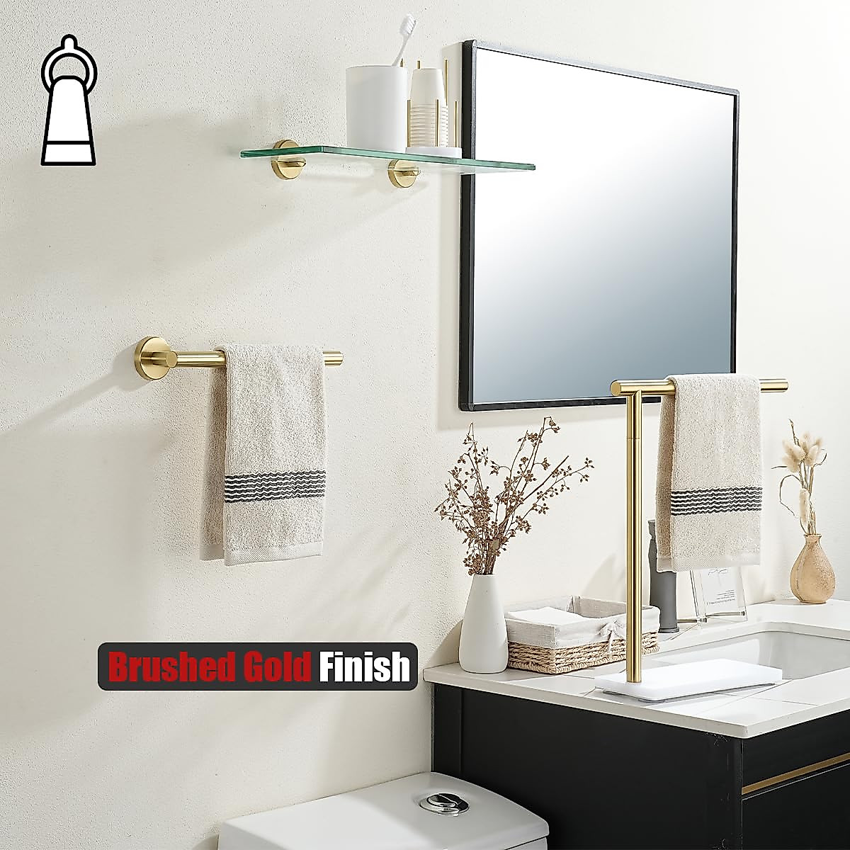 JQK Hand Towel Holder Towel Ring Gold, Thicken 0.8mm 304 Stainless Steel Bathroom Hand Towel Bar, 9 Inch Wall Mount Towel Rack Hanger, Brushed Gold, THH110L9-BG