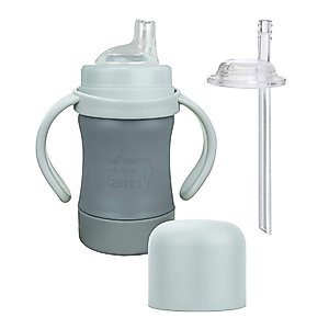 green sprouts Sprout Ware Plant-Plastic Sip & Straw Cup, Includes Sippy & Straw Spouts, Easy Grip Handles, Gray