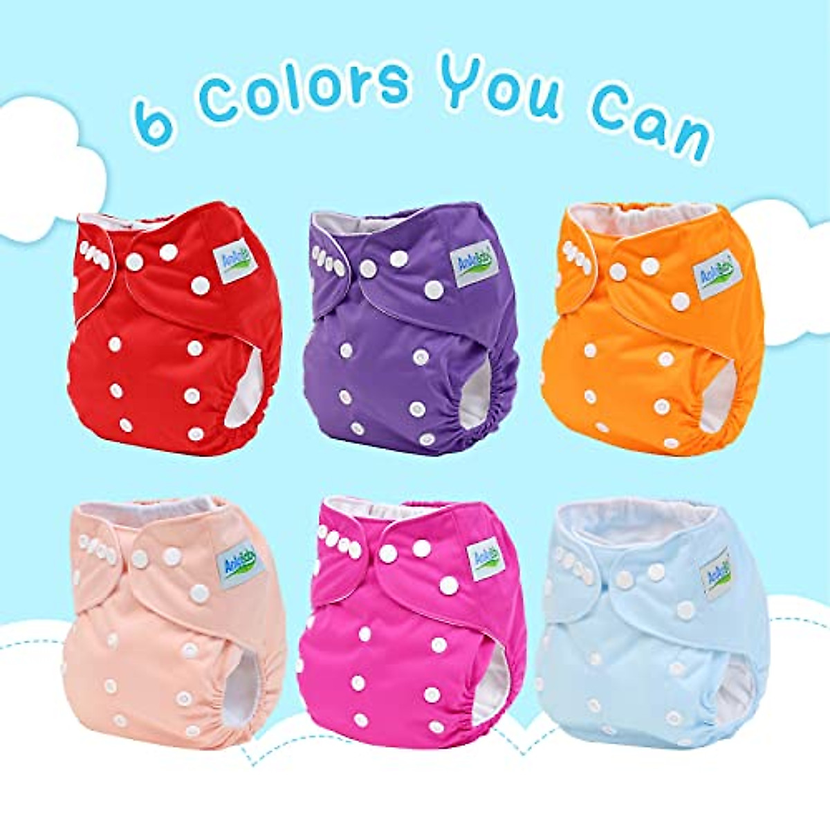 AnAnBaby Reusable Cloth Diapers for Babys, One Size Adjustable Washable Pocket Nappy Covers 6 Pack with 9pcs Microfiber Inserts for Toddler Boys & Girls