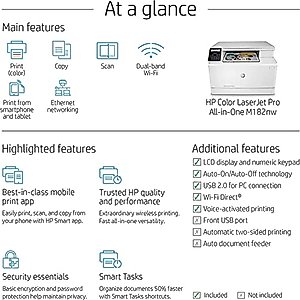 HP Color Laserjet Pro MFP M182nw All-in-One Wireless Laser Printer, White - Print Scan Copy - 17 ppm, 600 x 600 dpi, 8.5 x 14, 2-Line LCD with Numeric Keypad Display, Ethernet, Cbmou Printer Cable