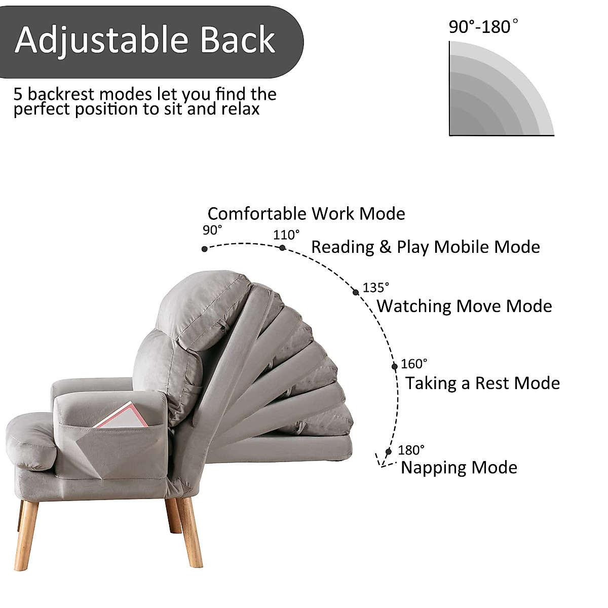 INZOY Accent Chairs with Ottoman, Velvet Fabric Armchair with Ottoman for Bedroom Living Room, Mid Century Modern Chair with Adjustable Backrest and Side Pockets, Grey