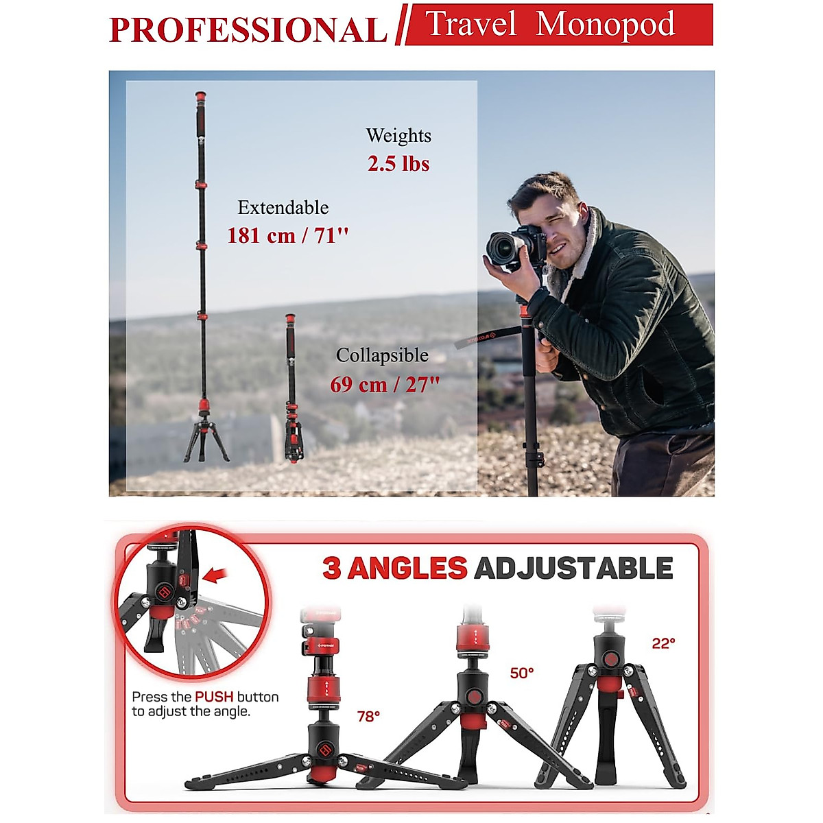 IFOOTAGE 71" Carbon Fiber Monopod Cobra 3 C180F, Camera Monopod Lightweight for Travel, Professional Video Monopod with Tripod Base, Max Load 10KG