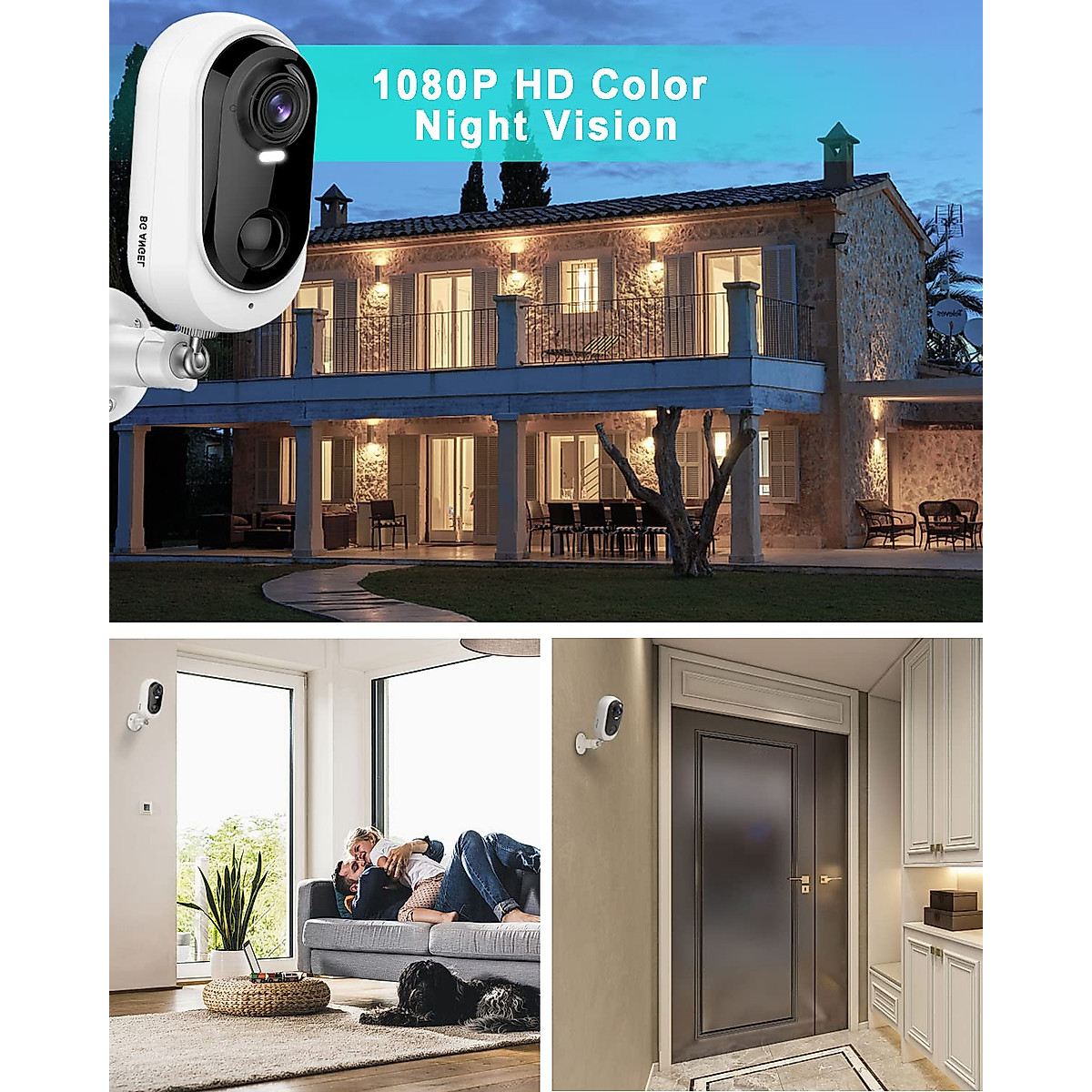 BG ANGEL Security Camera Outdoor, Wireless 1080P Home Surveillance Cameras, WiFi Camera Rechargeable Battery Powered w/Color Night Vision, PIR Motion Detection Sensor, Siren Alarm, 2-Way Audio, IP65