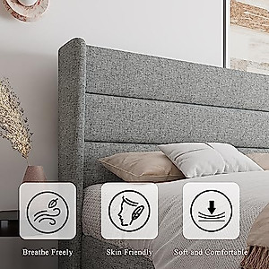 Feonase Queen Bed Frame, Upholstered Platform Bed Frame with Wingback, Wood Slats Support, No Box Spring Needed, Easy Assembly, Noise-Free, Light Gray