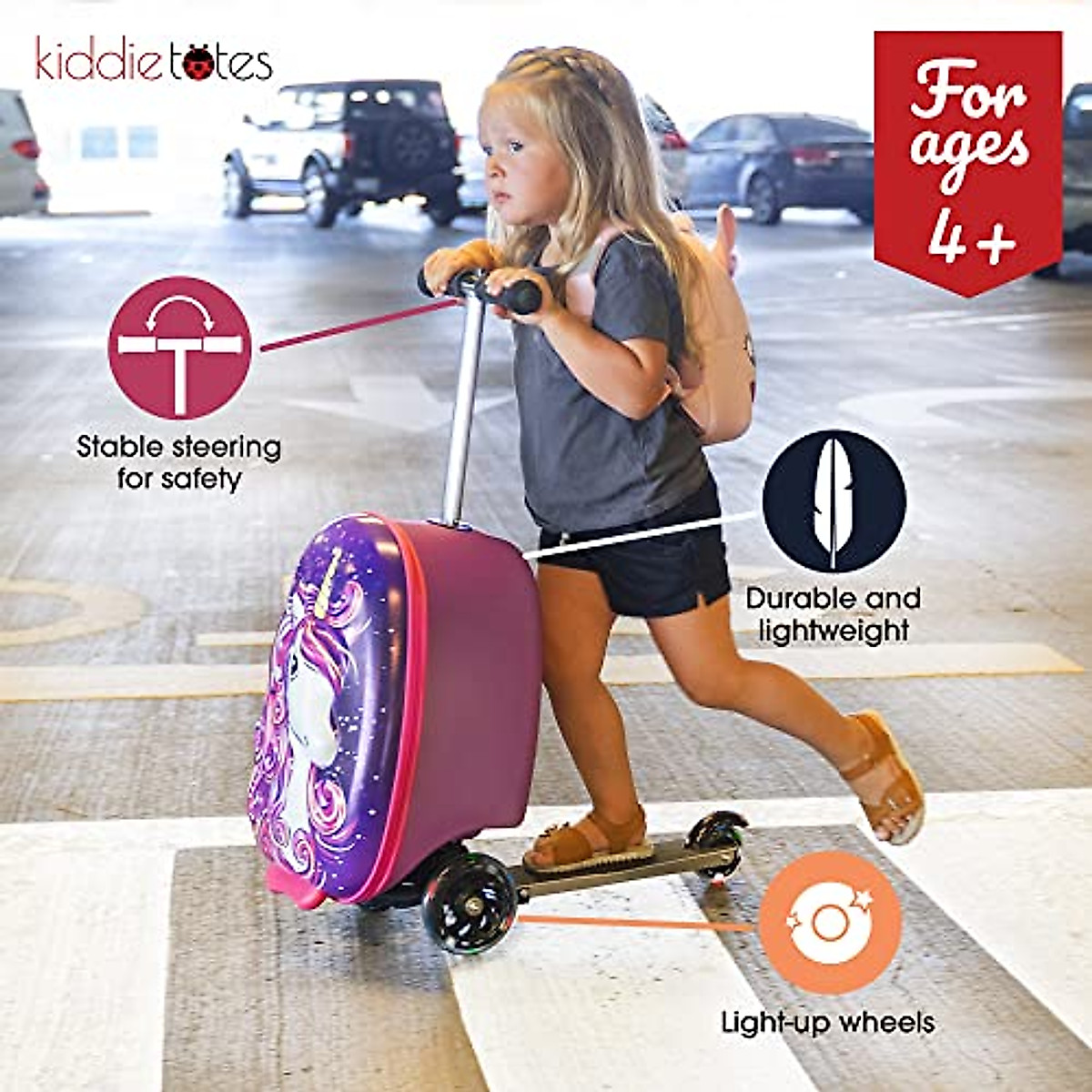 KIDDIETOTES 3-D Hardshell Ride On Suitcase Scooter for Kids - Cute Lightweight Kids Luggage with Wheels - Fun LED Lights