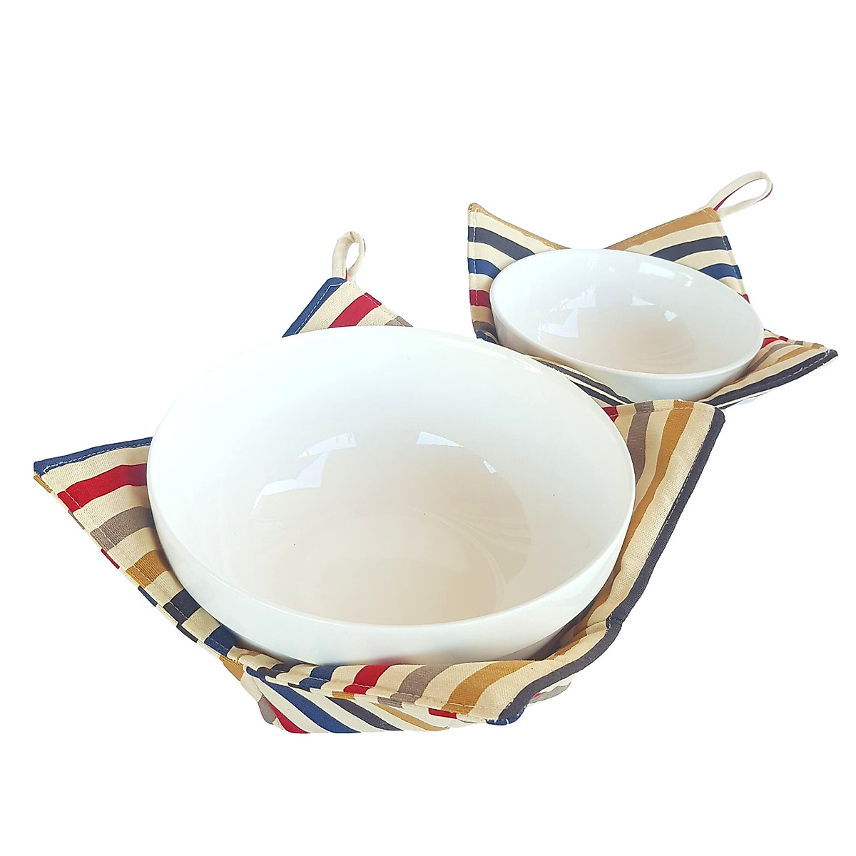 CUSHYSTORE 2 Bowl Cozies Canvas Holders Heat and Cold Resistant Anti-Scalding Protector 8.5" Large 7.5" Small (Retro Stripe)