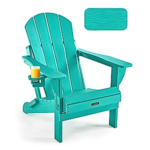 Ciokea Folding Adirondack Chair Wood Texture, Patio Adirondack Chair Weather Resistant, Plastic Fire Pit Chair with Cup Holder, Lawn Chair for Outdoor Porch Garden Backyard Deck (Lake Blue)