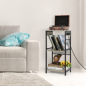 Record Player Stand Turntable Stand with Record Storage Vinyl Player Stand with Charging Station Grey Nightstands with USB Modern End Table for Living Room Bedroom Office