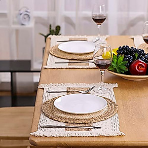 Zology Handmade Boho Placemats Set of 6 - Natural Cotton Burlap and Water Straw Woven Combination Table Mats, Macrame Décor and Farmhouse Style Placemats, for Dining Table Kitchen