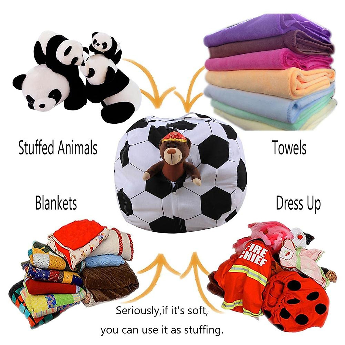 Enfudid Stuffed Animal Storage Bean Bag Chair, 18" Beanbag Covers Only for Organizing Plush Toys, Turns into Bean Bag Seat for Kids When Filled, Football Shape