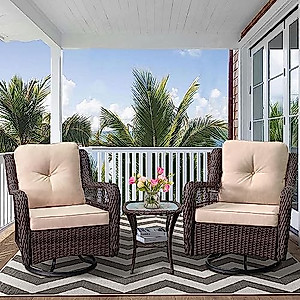 Outdoor Bistro Set 3 Pieces, Outdoor Resin Wicker Swivel Rocker Patio Chair, 360-Degree Swivel Rocking Chairs and Tempered Glass Top Side Coffee Table, Outdoor Rattan Conversation Sets (Khaki)
