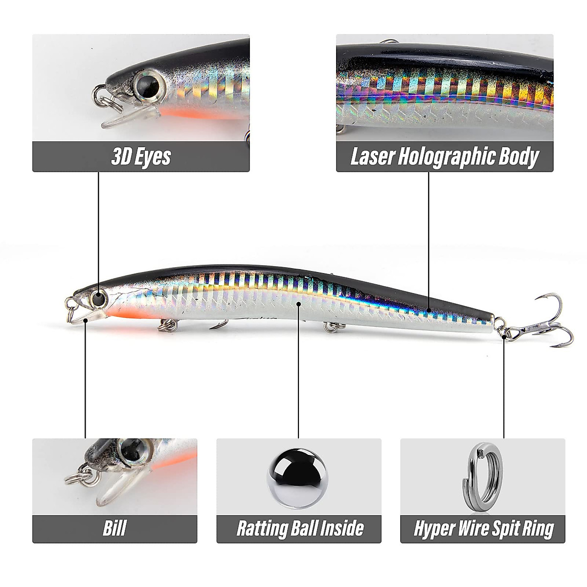 Dr.Fish Saltwater Fishing Lures 5 Inches Surf Fishing Striper Lures Saltwater Minnow Mustad Hooks Jerkbait Topwater Popper Plugs Inshore Offshore Ocean Fishing Mackerel Bluefish Barracuda Lures