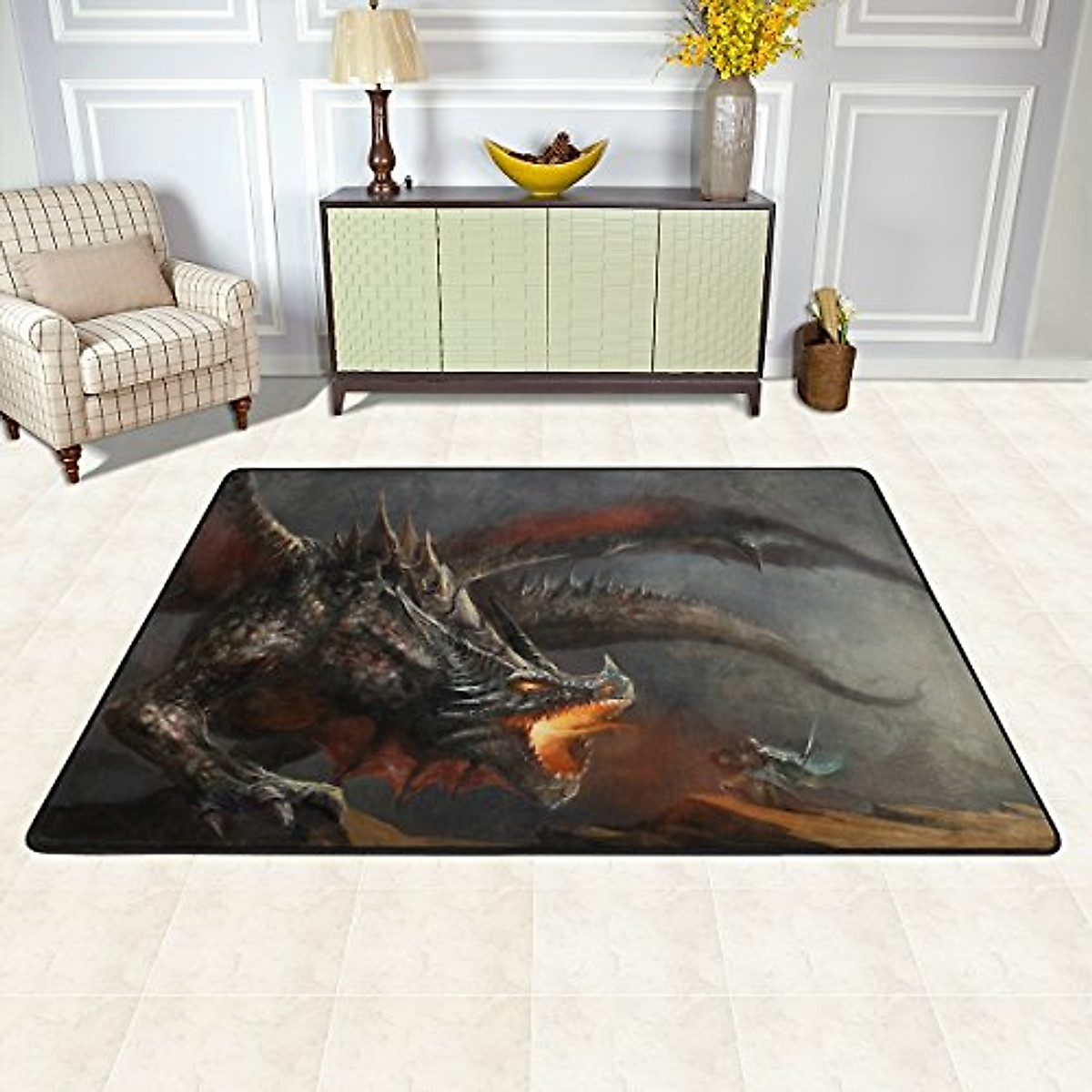SAVSV 3' x 2' Area Rug Carpet Doormat Lightweight Printed Knight Fighting Dragon Easy to Clean for Living Room Bedroom