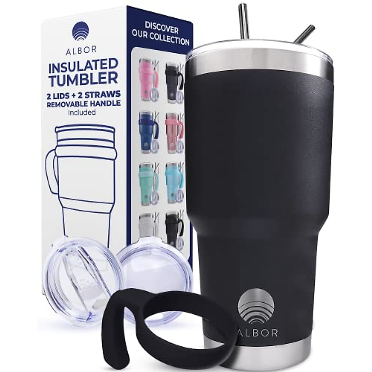ALBOR Insulated Tumbler with Lid and Straw - 30 oz Insulated Coffee Mug with Handle, Travel Coffee Mug, Triple Insulated Technology with 2 Lids, 2 Metal Straw, Brush and Storage Bag, Black