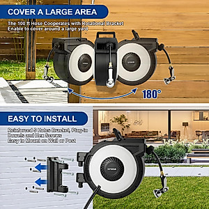 Retractable Garden Hose Reel by BSTOKCAM, 1/2" x 100ft Hybrid Rubber Hose, Heavy Duty Water Hose Reels Automatic Rewind Storage, 10 Patterns Nozzle Included