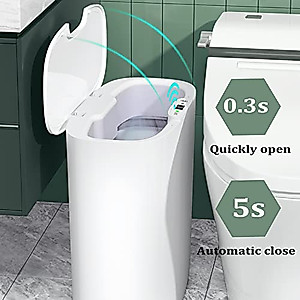 Bathroom Trash Cans with Lids, Sapouni Automatic Motion Sensor Trash Can 2.6 Gallon Smart Touchless Garbage Can Slim Plastic Narrow Rubbish Can for Bathroom, Bedroom, Kitchen (White, Battery operated)