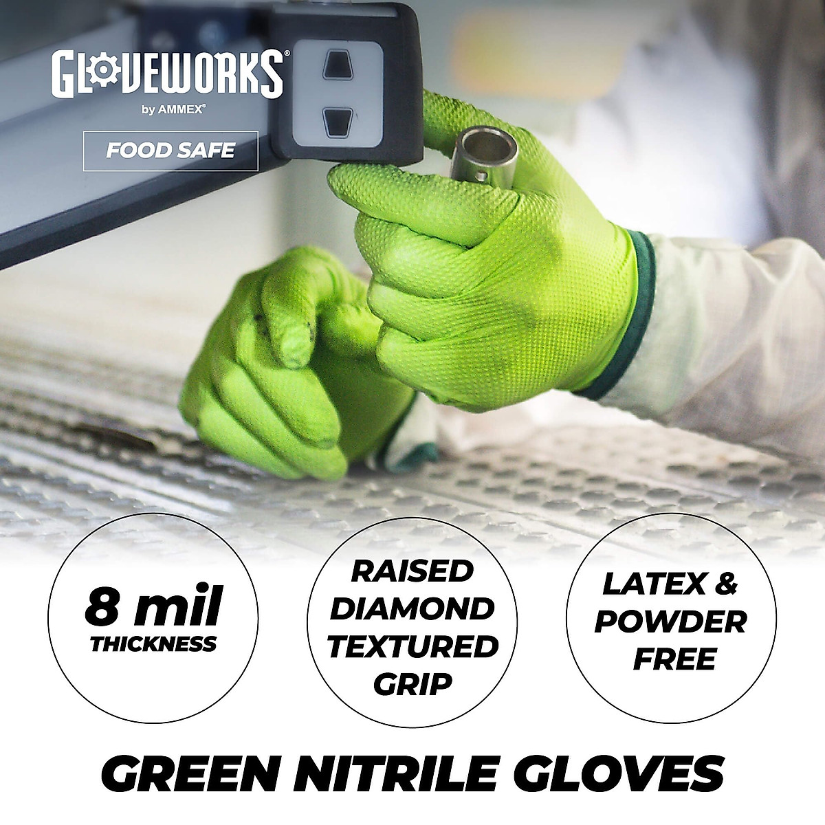GLOVEWORKS HD Green Nitrile Industrial Disposable Gloves, 8 Mil, Latex-Free, Raised Diamond Texture, XX-Large, Box of 100