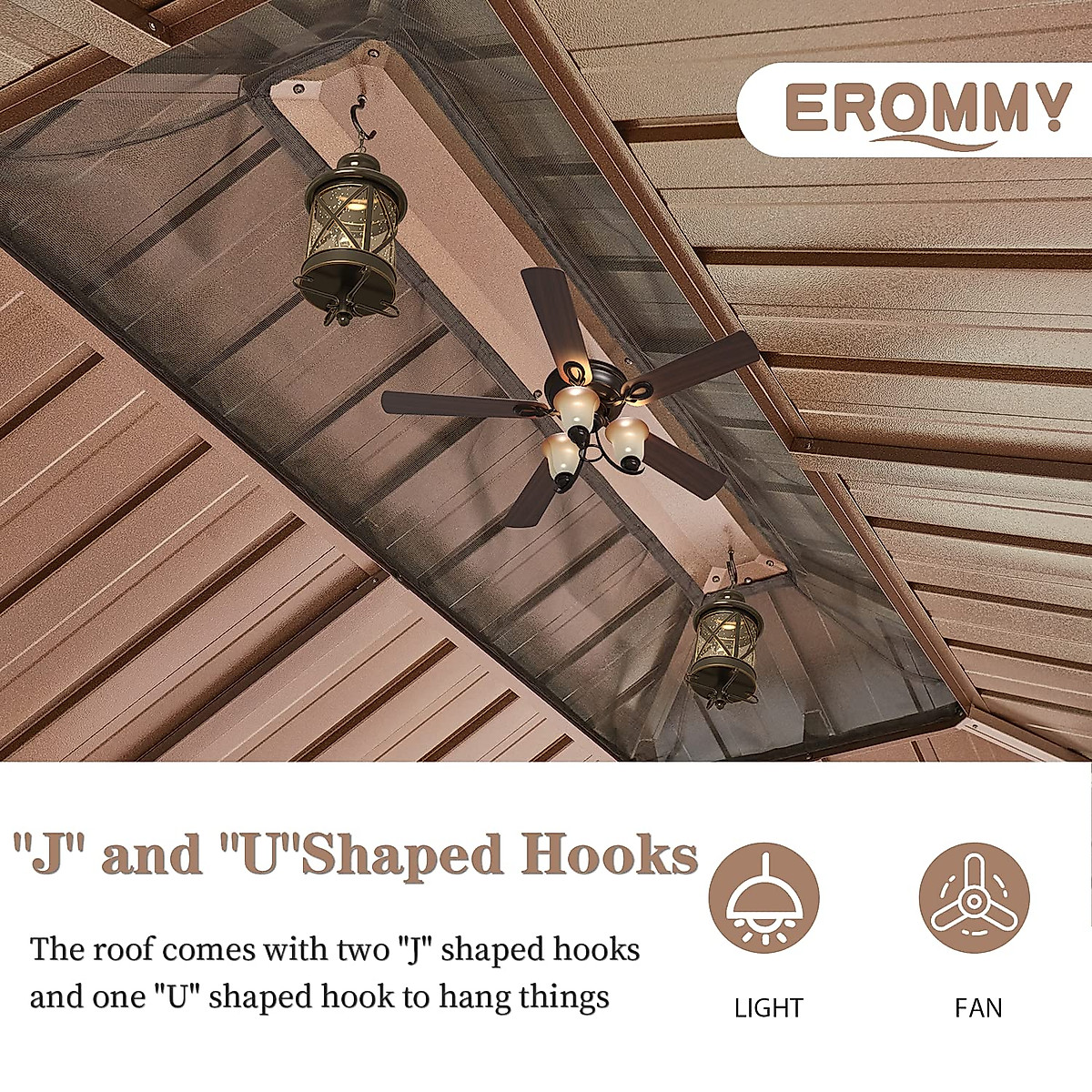 EROMMY 10'x13' Hardtop Gazebo, Galvanized Steel Outdoor Aluminum Canopy with Netting and Shaded Curtains, Double Roof Pergolas, Permanent Metal Pavilion for Patio, Backyard, Deck and Lawns, Brown