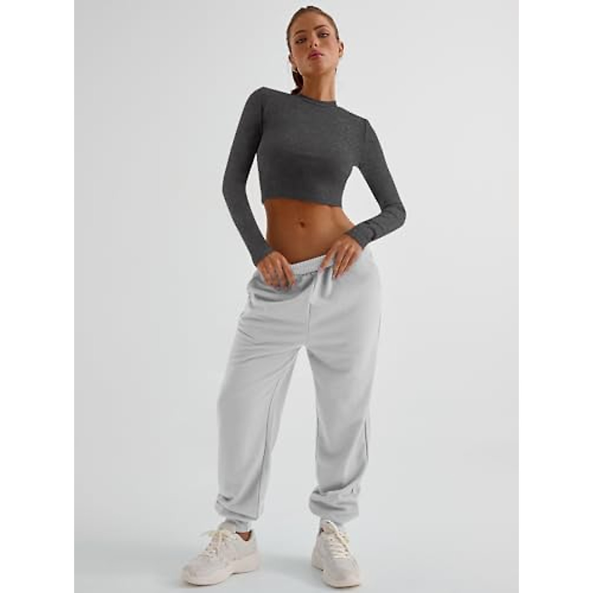 Trendy Queen Womens Long Sleeve Crop Tops Basic Ribbed Slim Fitted Shirts Casual Fall Fashion Y2k Teen Girl Clothes Black Grey S